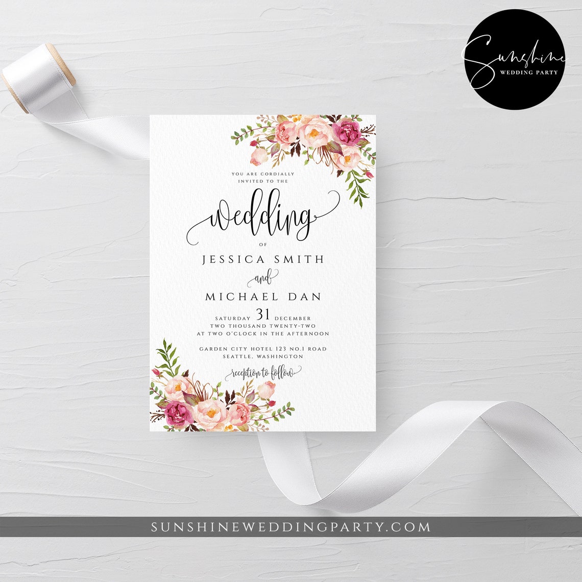 Marsala Wedding Invitation Suite Template, Floral Wedding Invitation ...