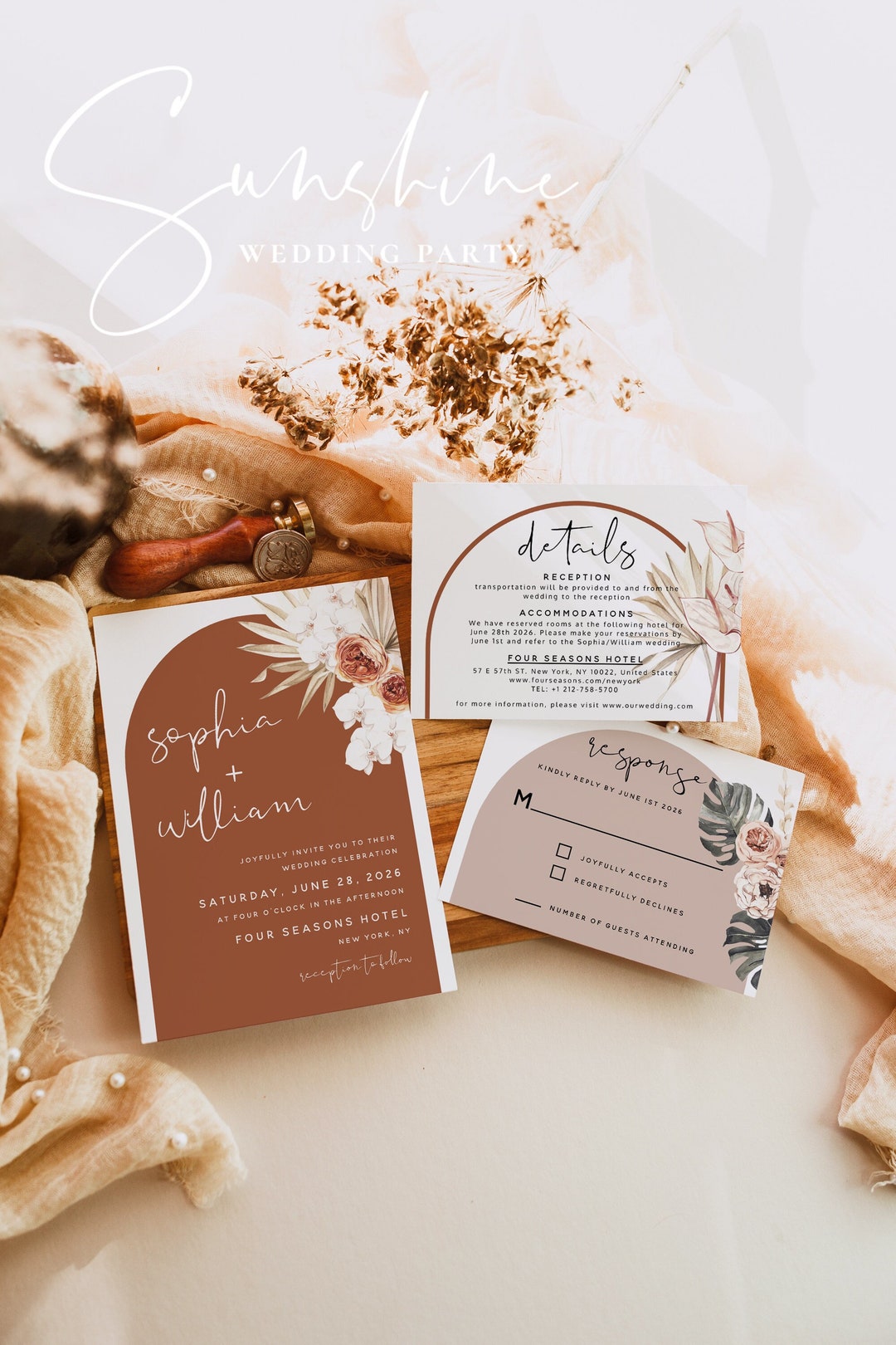 Terracotta Wedding Invitation Set Template, Modern Terracotta Boho ...