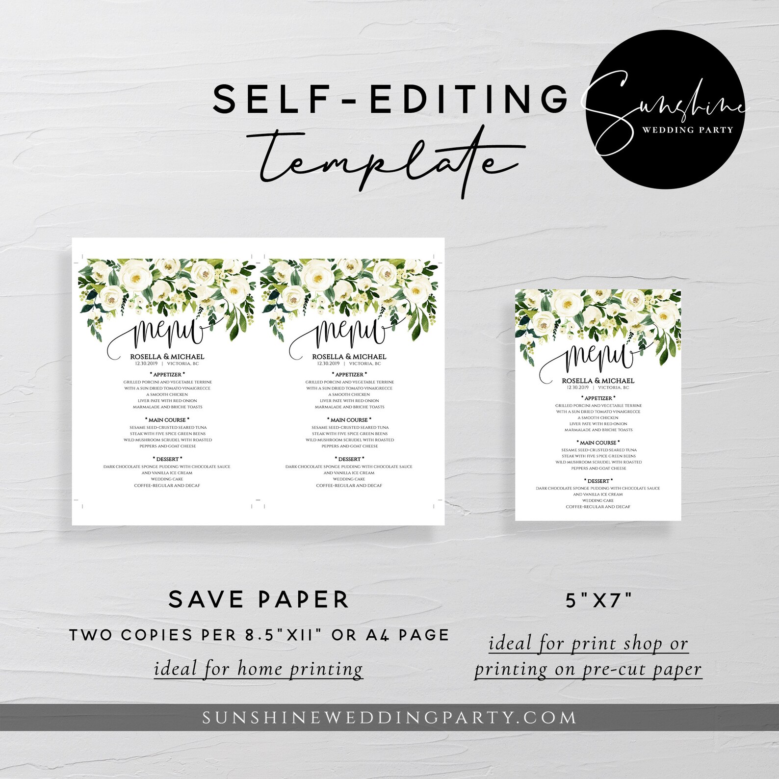 Greenery White Floral Menu Template Wedding Menu Template - Etsy Canada