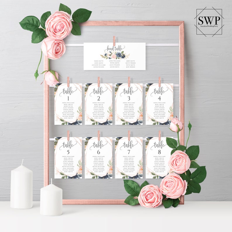 Navy Blush Wedding Seating Chart Template Printable Table - Etsy