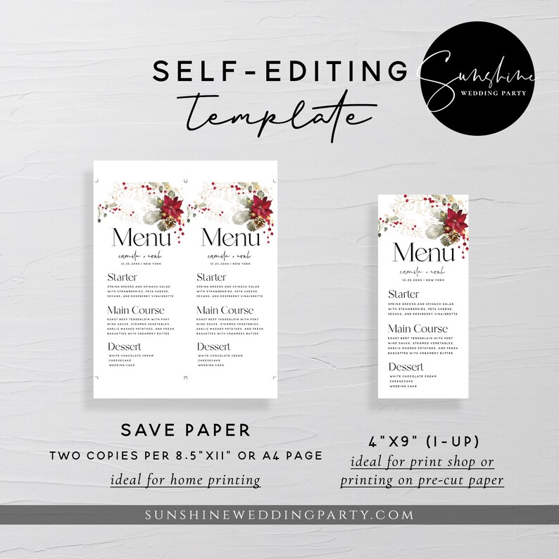 Christmas Menu Template Long Menu Cards for Wedding Bridal - Etsy
