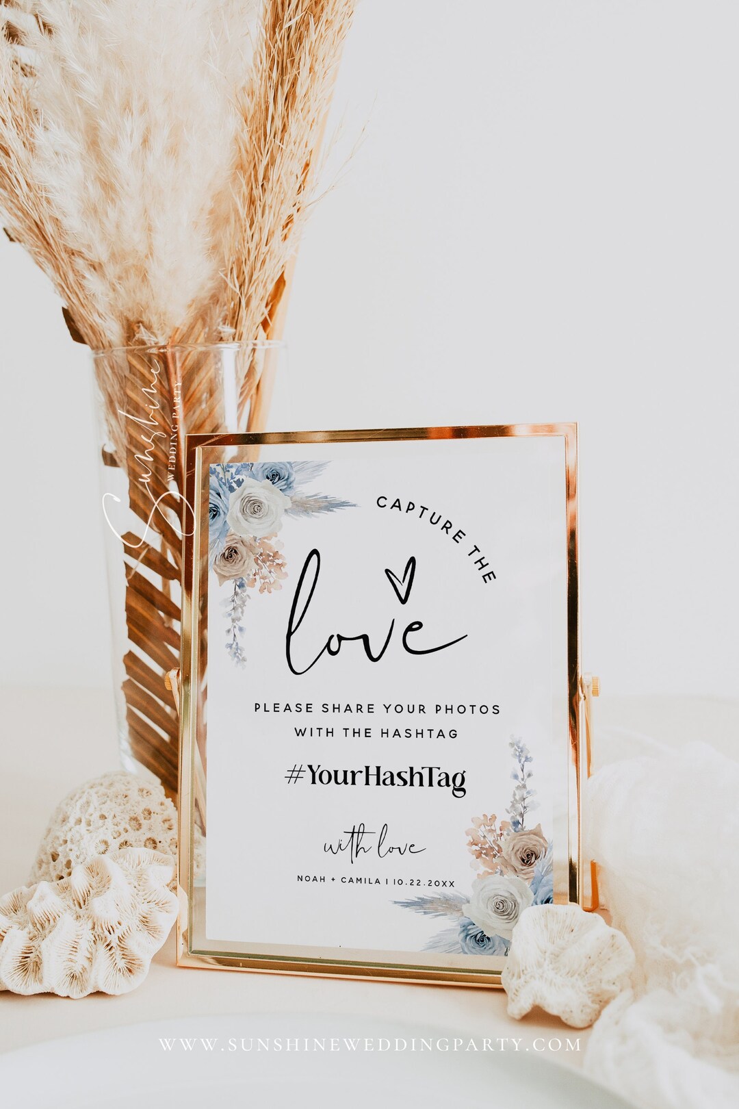 Wedding Hashtag Sign Template, Dusty Blue Champagne, Capture the Love ...