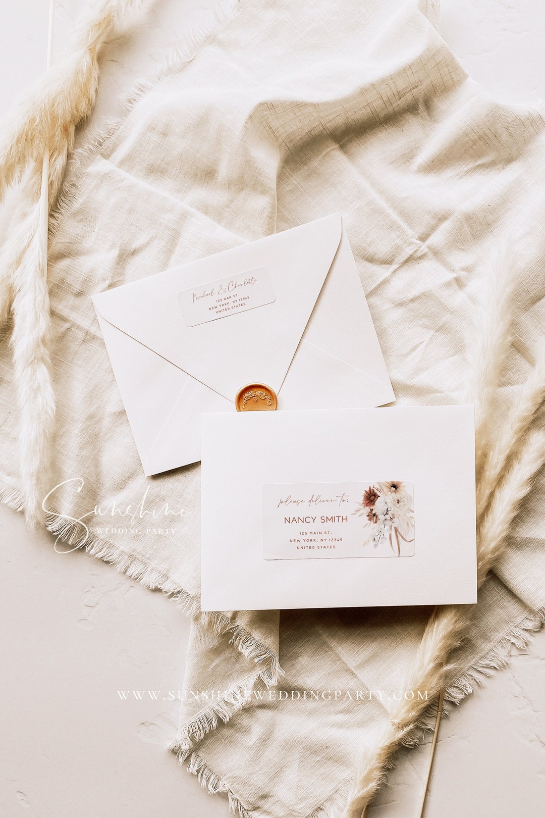 Terracotta Wedding Envelope Address Label Template, Pampas Grass ...