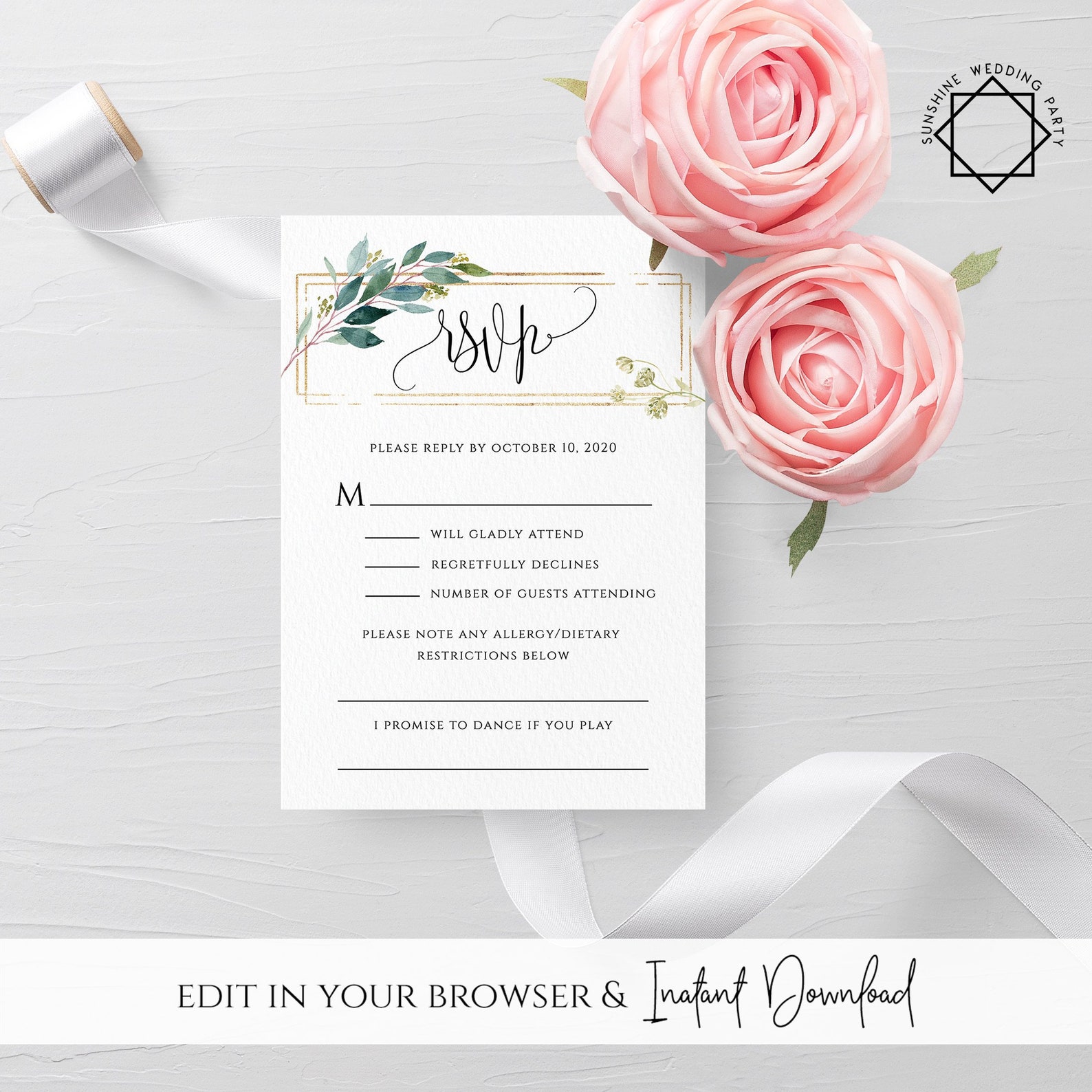 Wedding RSVP Template Greenery Gold Frame Printable RSVP | Etsy
