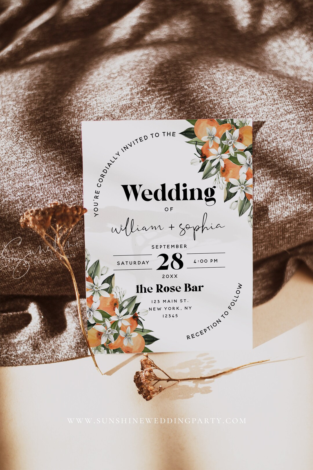 Orange Wedding Invitation Card Template, Citrus Wedding Invitation Card ...