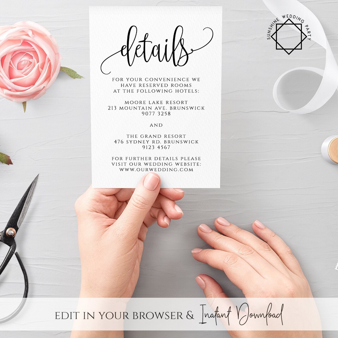 Wedding Details Card Template Fully Editable Printable Wedding ...