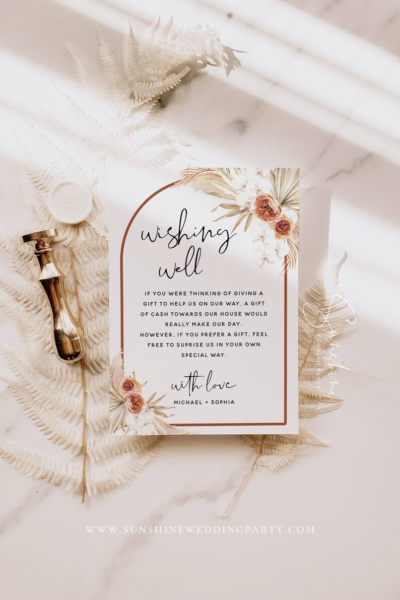 Terracotta Wedding Wishing Well Card Template, Pampas Grass, Boho ...