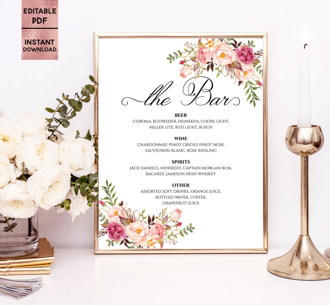 Bar Menu Sign the Bar Sign Bar Menu Printable Drinks Bar Menu Editable ...
