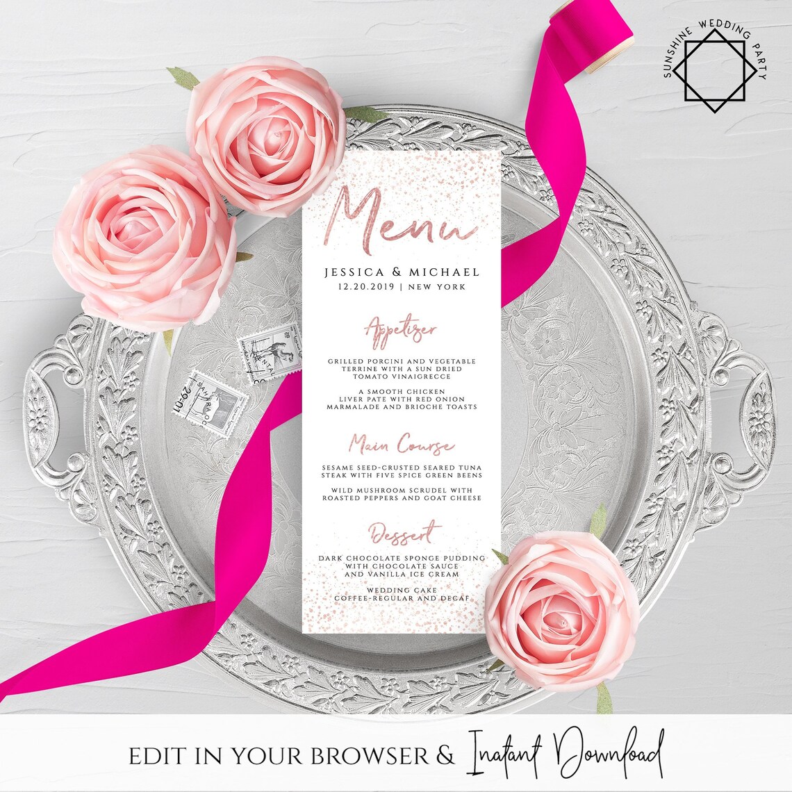 Rose Gold Wedding Menu Template Printable Flat Menu Template Printable ...