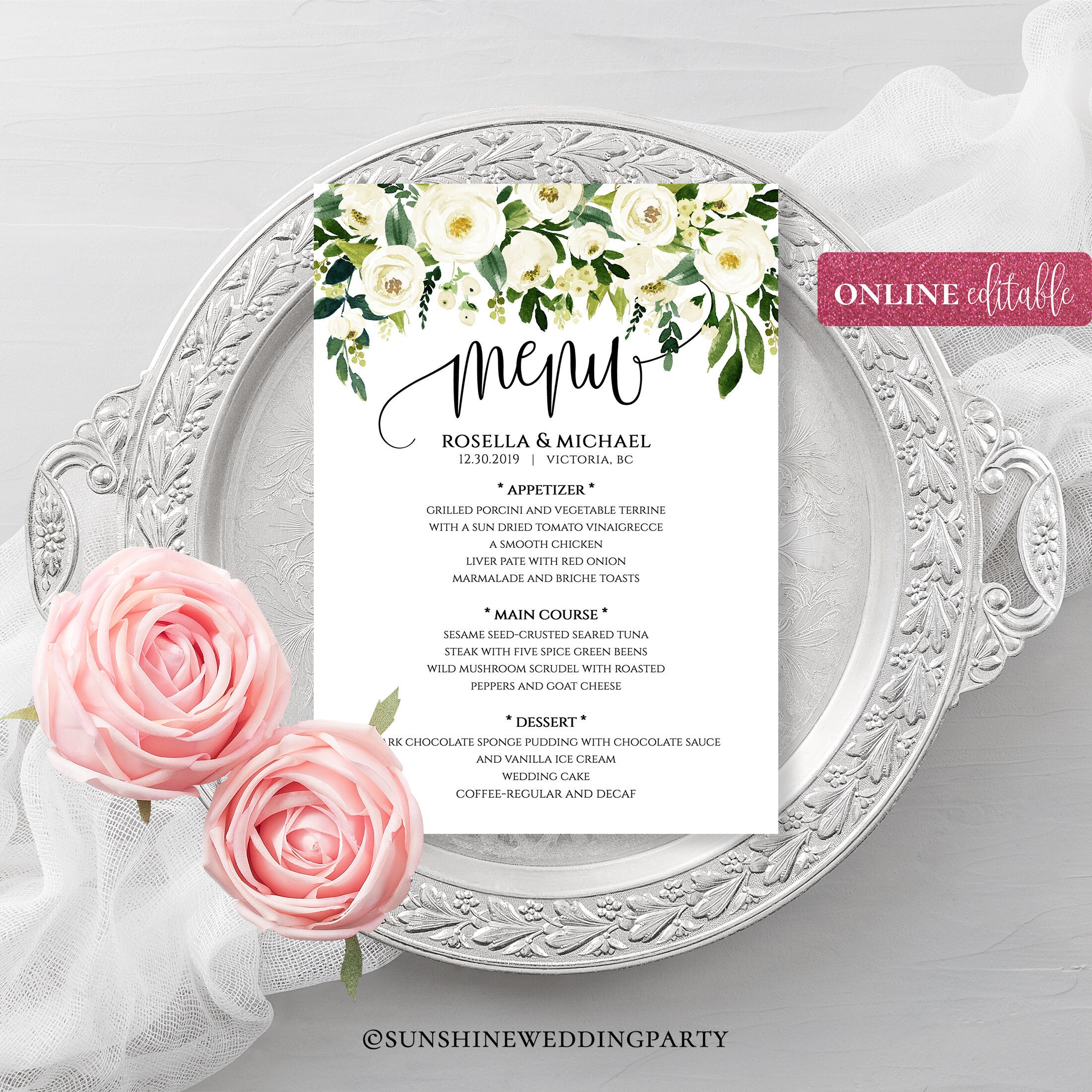 Greenery White Floral Menu Template Wedding Menu Template | Etsy