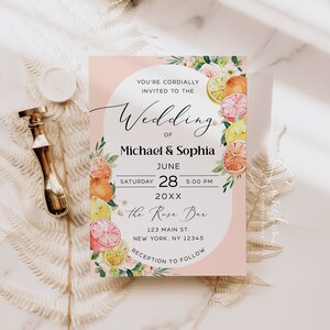 Tropical Citrus Wedding Invitation Template, Orange Lemon Grapefruit ...