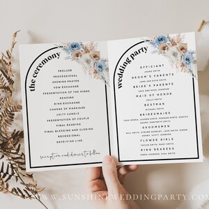Folded Program Card Template, Dusty Blue Champagne Floral Wedding, Boho ...