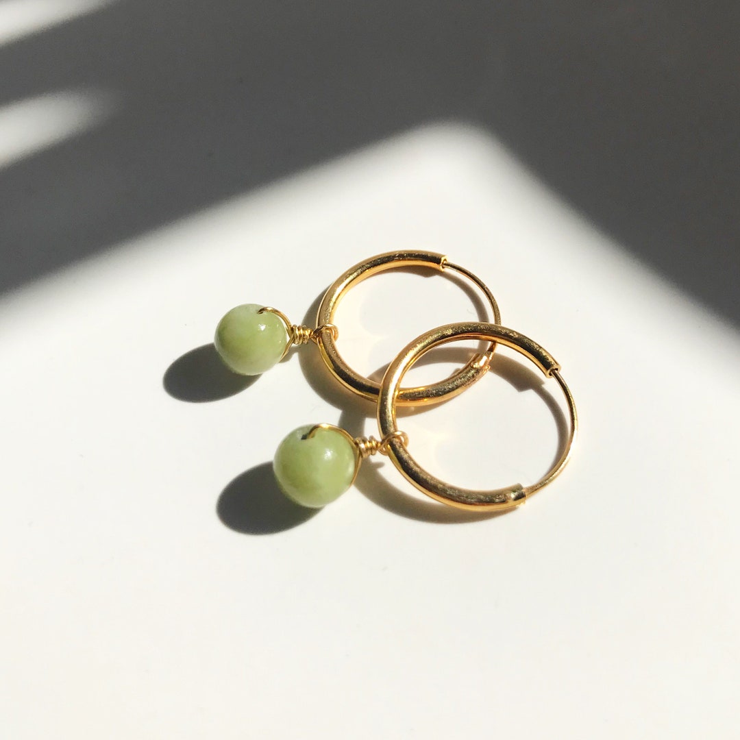 Natural Lime Green Jade Hoop Earrings, Upcycled Gemstone Jewellery ...