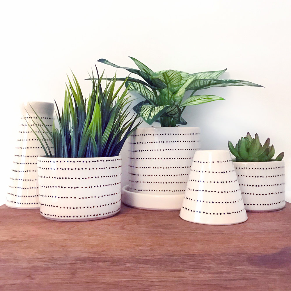 Dotted Stripe Ceramic Planter-medium With Drainage Tray - Etsy
