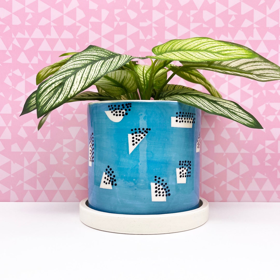 Turquoise Dot Shadow Ceramic Planter-medium With Drainage Tray - Etsy