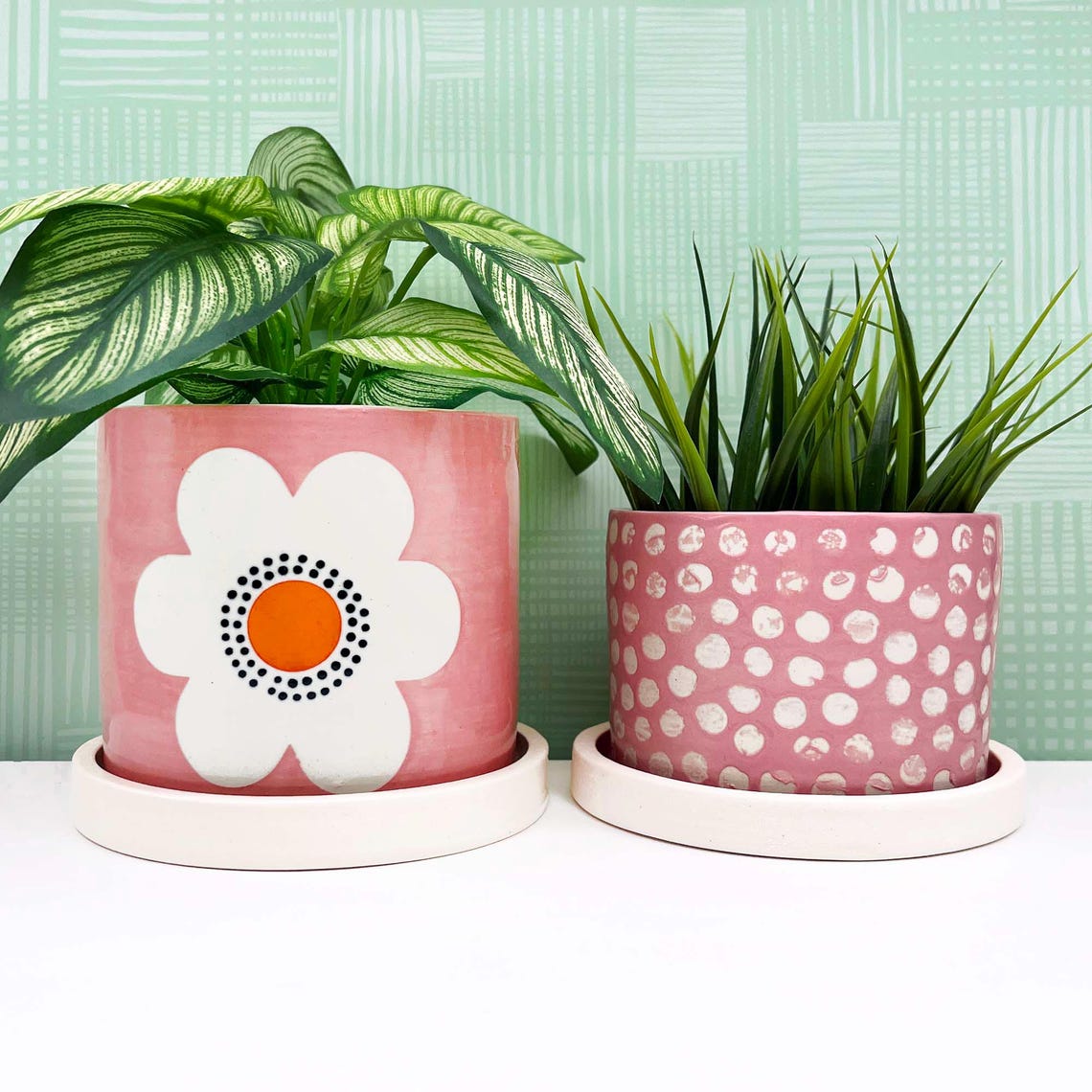 Pink and Orange Dot Flower Ceramic Planter-medium With Drainage Tray - Etsy