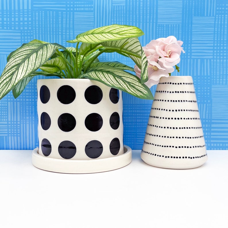 Large Black Dots Ceramic Planter-medium With Drainage Tray - Etsy