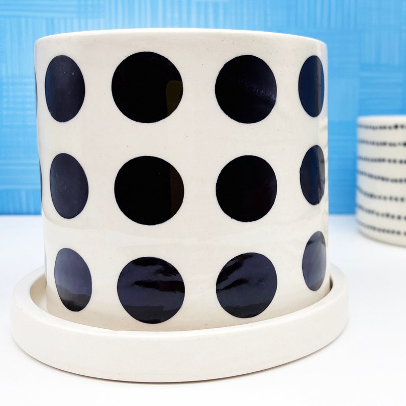 Large Black Dots Ceramic Planter-medium With Drainage Tray - Etsy