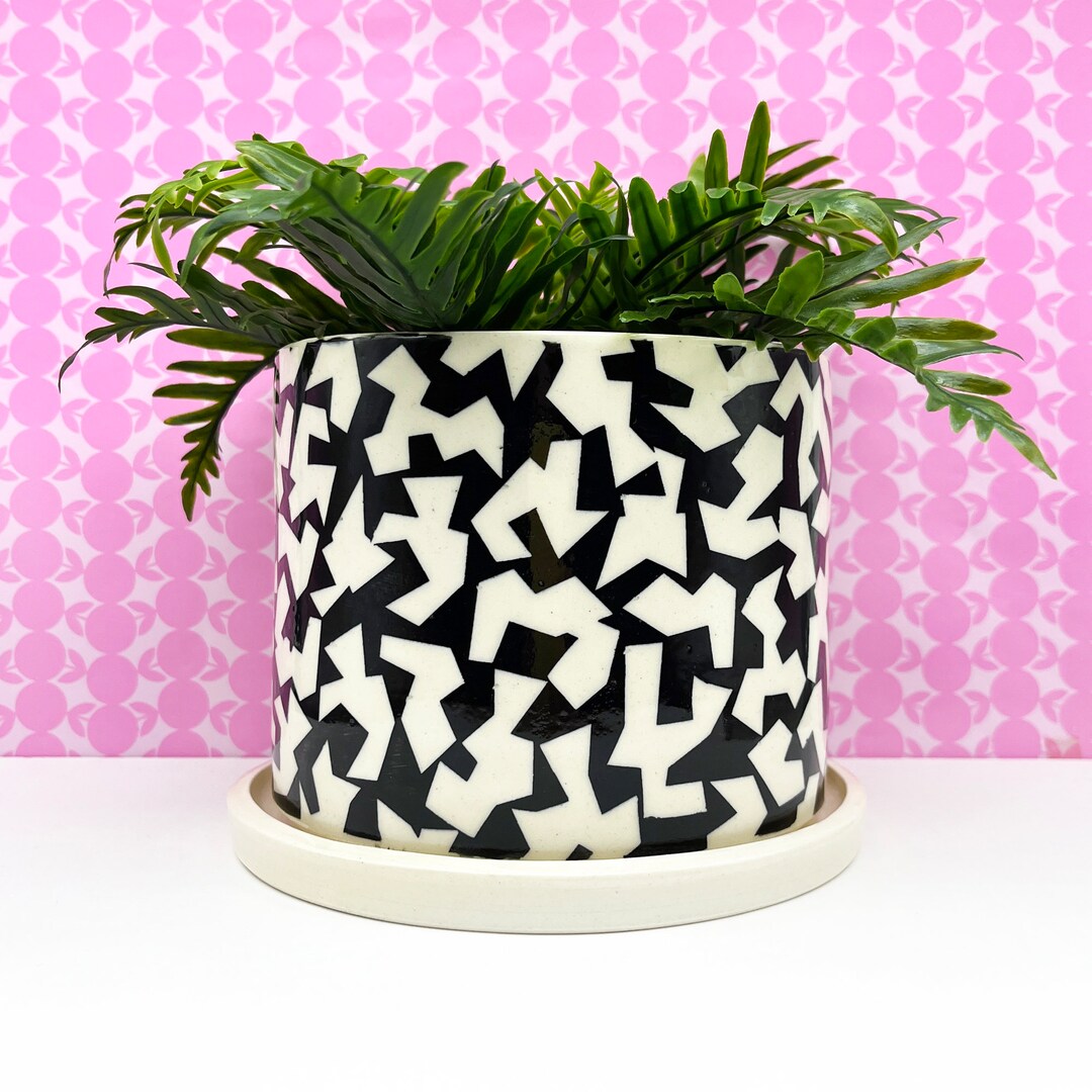 Black Puzzle Piece Ceramic Planter-large With Drainage Tray - Etsy