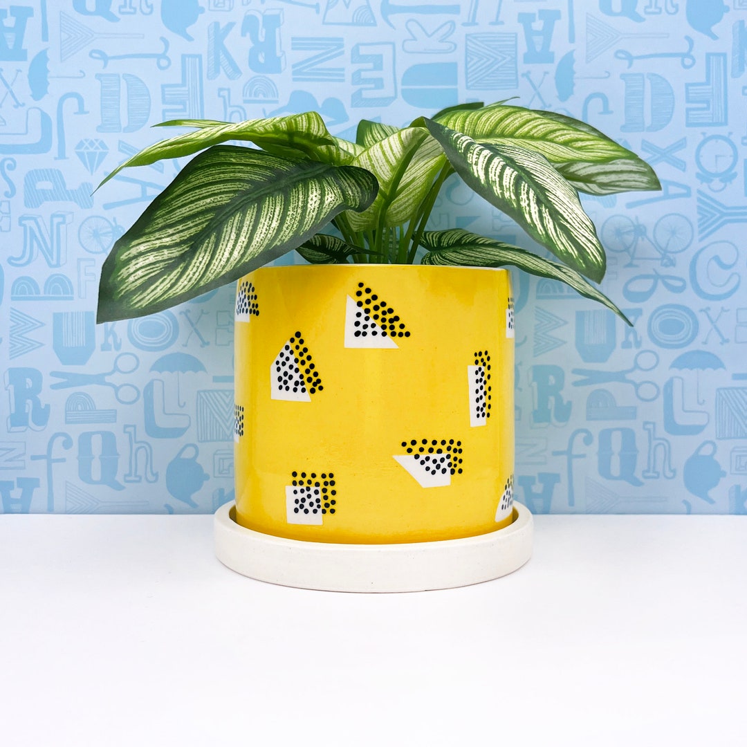 Yellow Dot Shadow Ceramic Planter-medium With Drainage Tray - Etsy