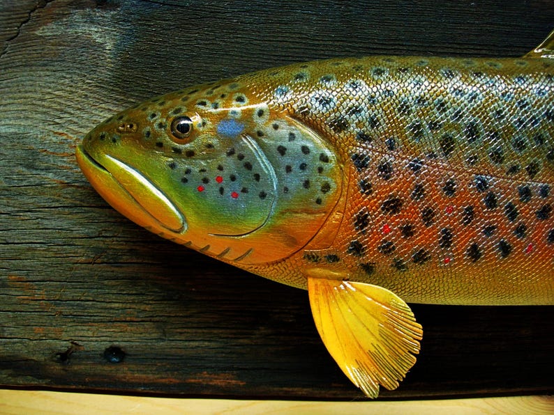 Hand Carved Brown Trout Sculpture: Aspen Wood Fishing Art, Cabin Lodge ...