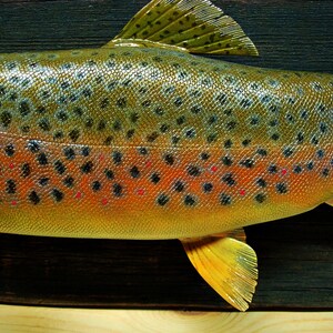 Hand Carved Brown Trout Sculpture: Aspen Wood Fishing Art, Cabin Lodge ...