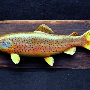 Hand Carved Brown Trout Sculpture: Aspen Wood Fishing Art, Cabin Lodge ...