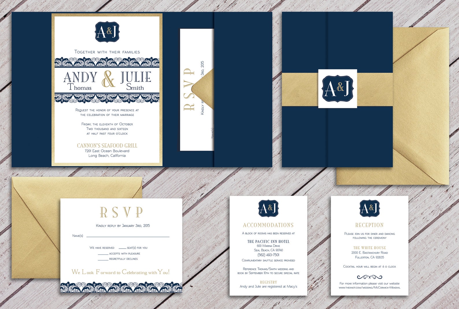 Elegant Blue and Gold Wedding Invitation, Custom Made Wedding ...