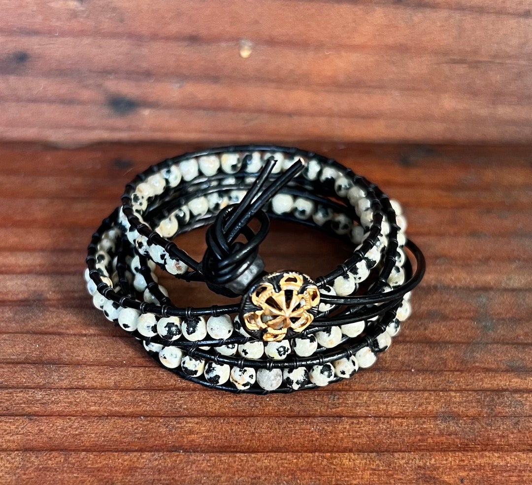 Dalmatian Jasper Beaded Wrap Bracelet With Victorian Era Button Clasp - Etsy