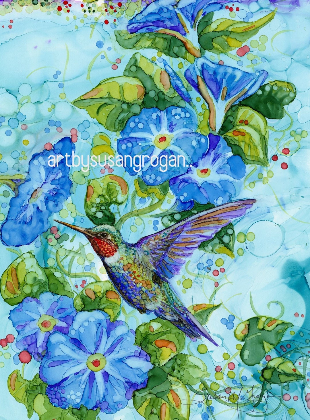 Hummingbird Giclee Print: Alcohol Ink Art, Morning Glories - Etsy