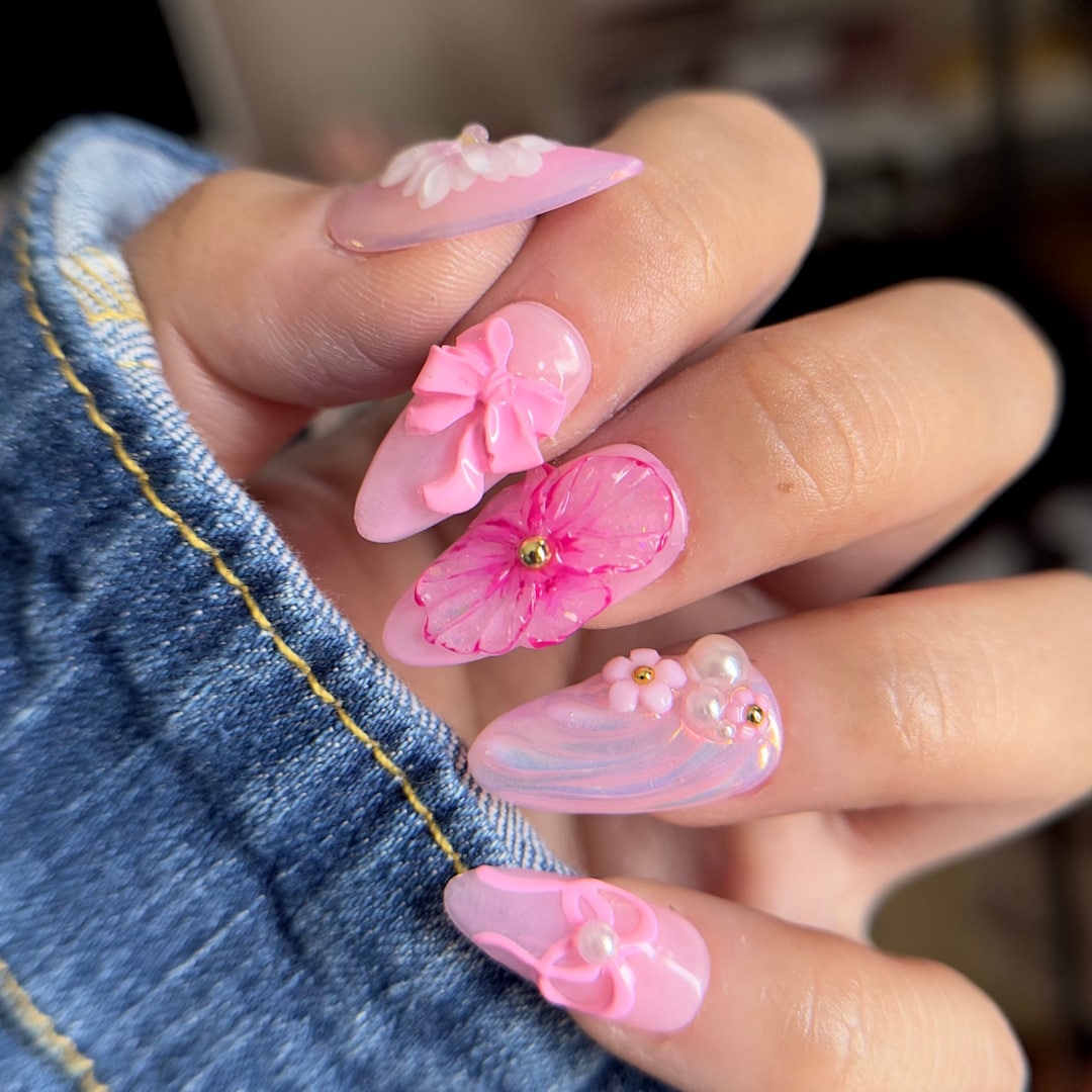Coquette Preppy 3D Nails, Pink Press on Nails, Kawaii Nails - Etsy