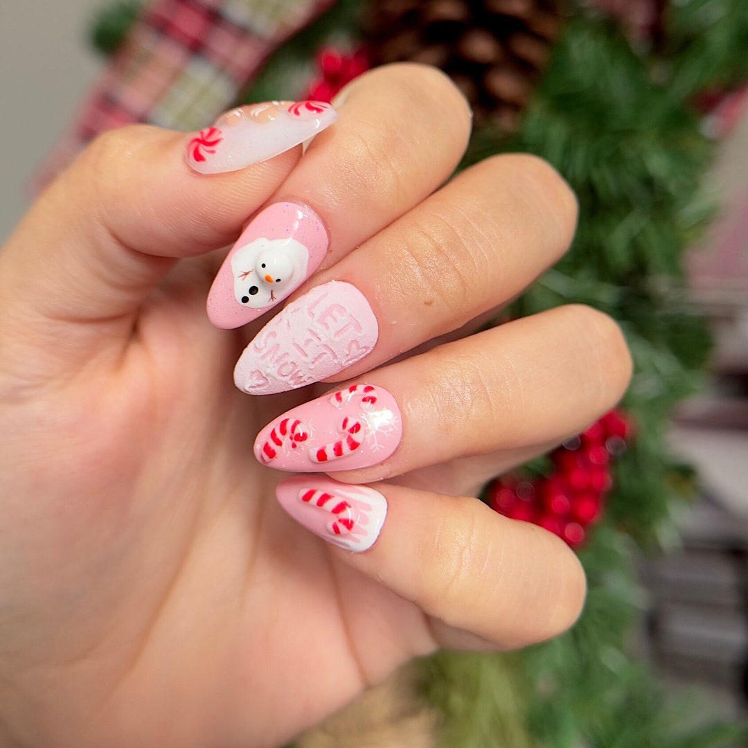 Cute Pink 3D Nails, Kawaii Candy Cane, Glue on Nails and Reusable Nails ...