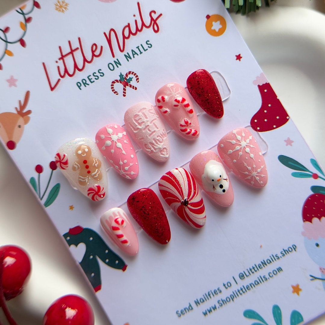 3D Holiday Candy Nails, Kawaii Candy Cane, Glue on Nails and Reusable ...