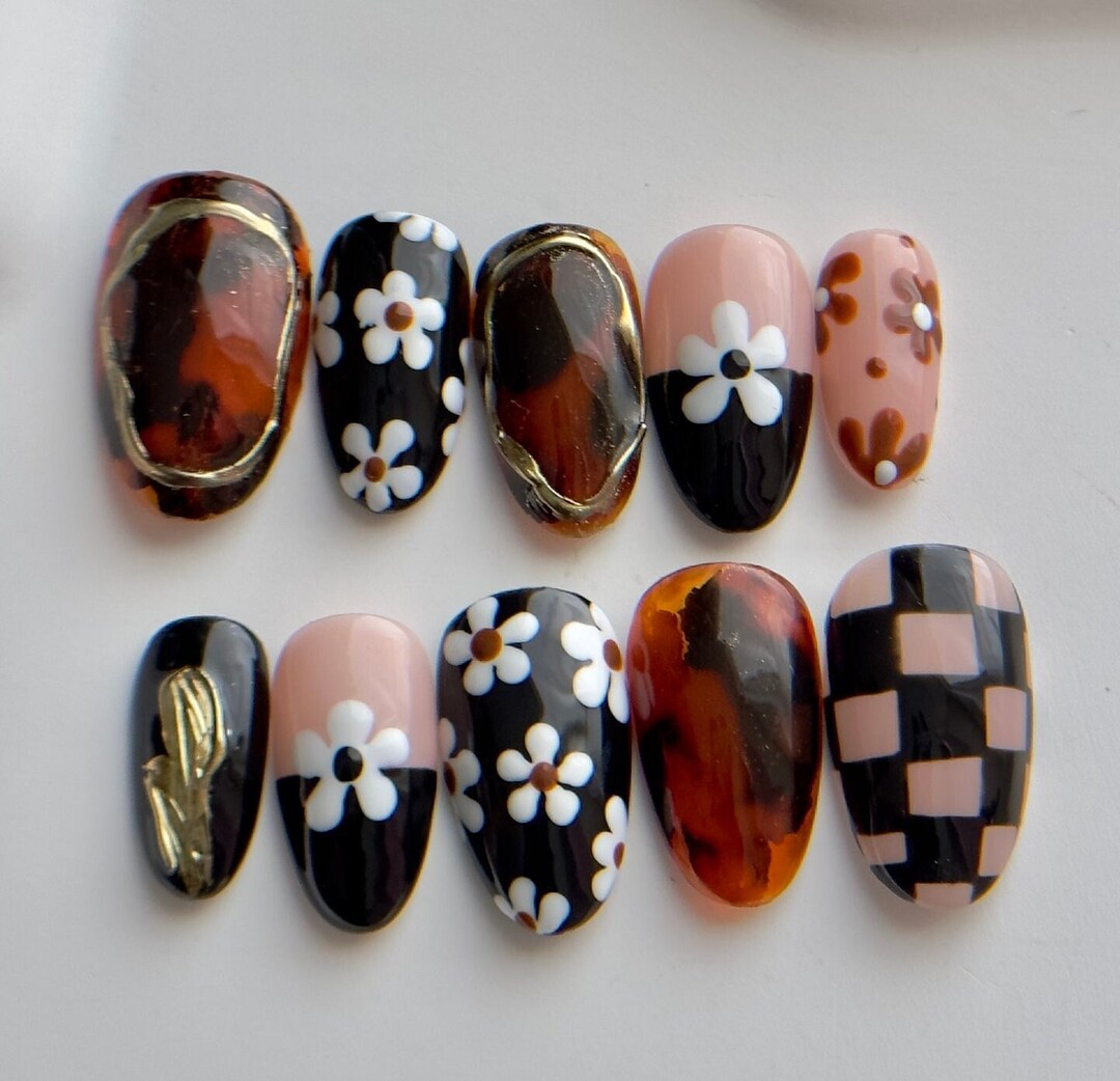 Fall Tortoise Shell Nails, Autumn Fall Nail Art, Flower Press on Nails ...