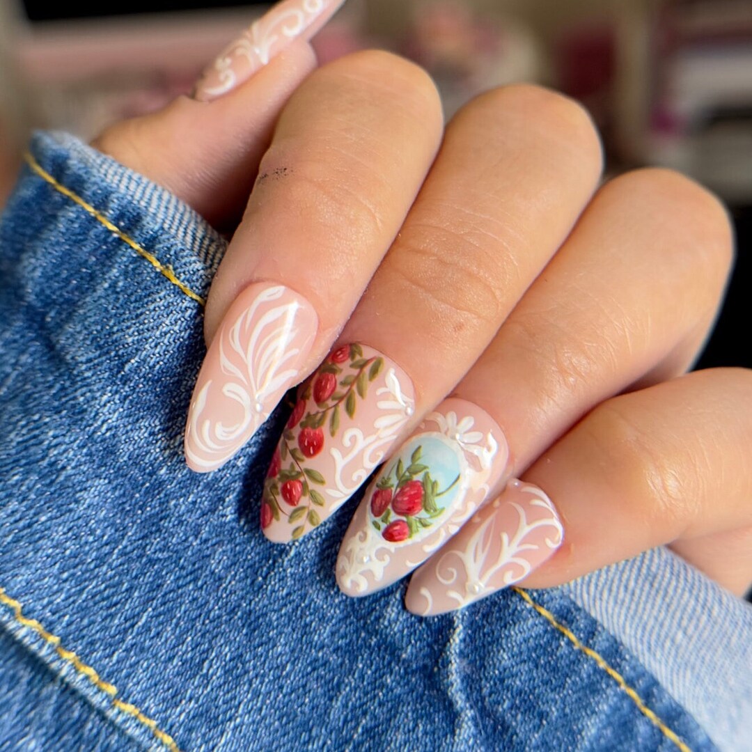 Strawberry French Rococo Nails, Cute Elegant Vintage Nails, Autumn Fall ...