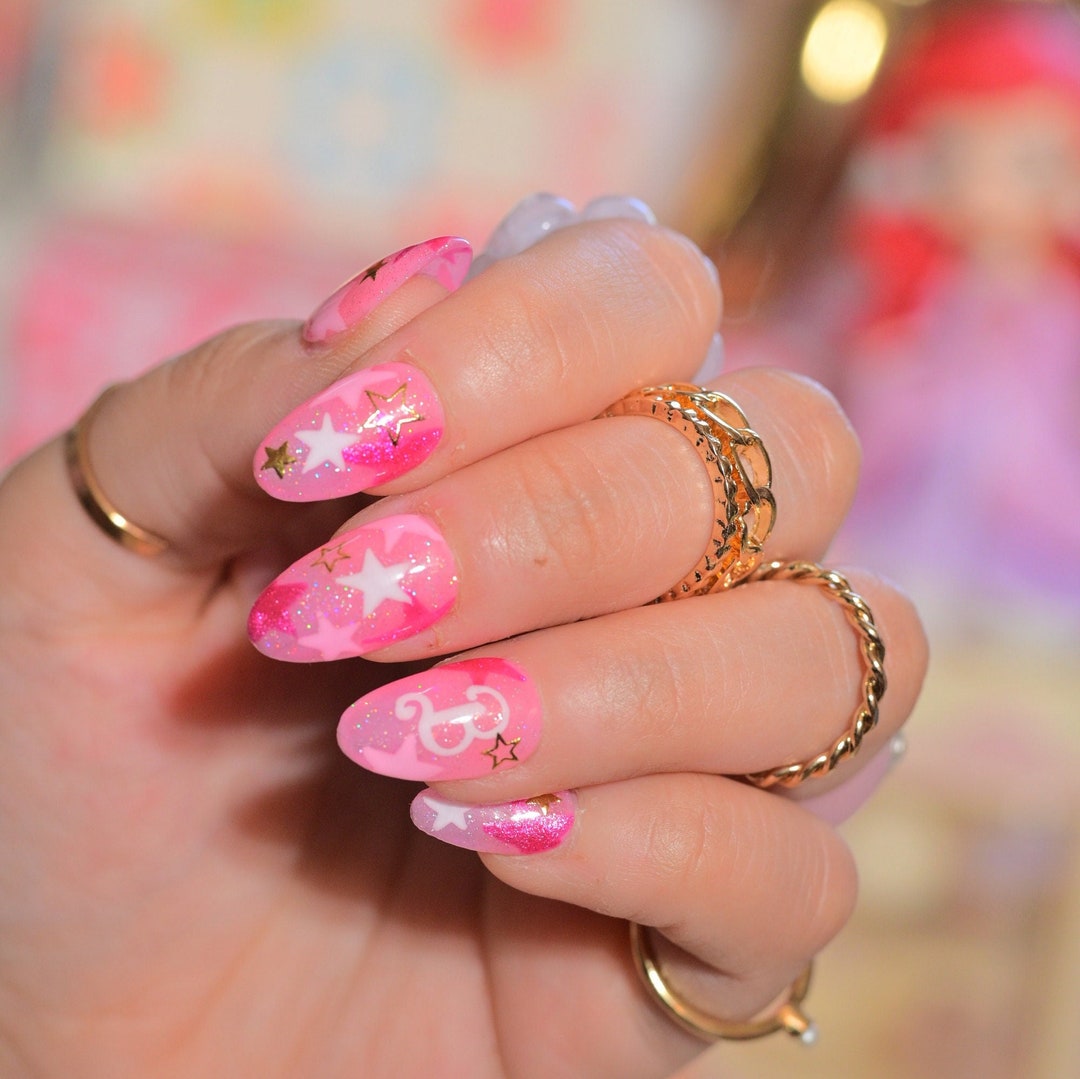 Cute Nails, Barbie Press on Pink Nails With Stars, Fake Nails - Etsy