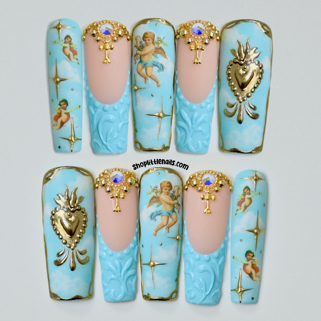 Glue on Nails, Angel Press on Nails, Celestial Nails, Baby Cherub Nails ...