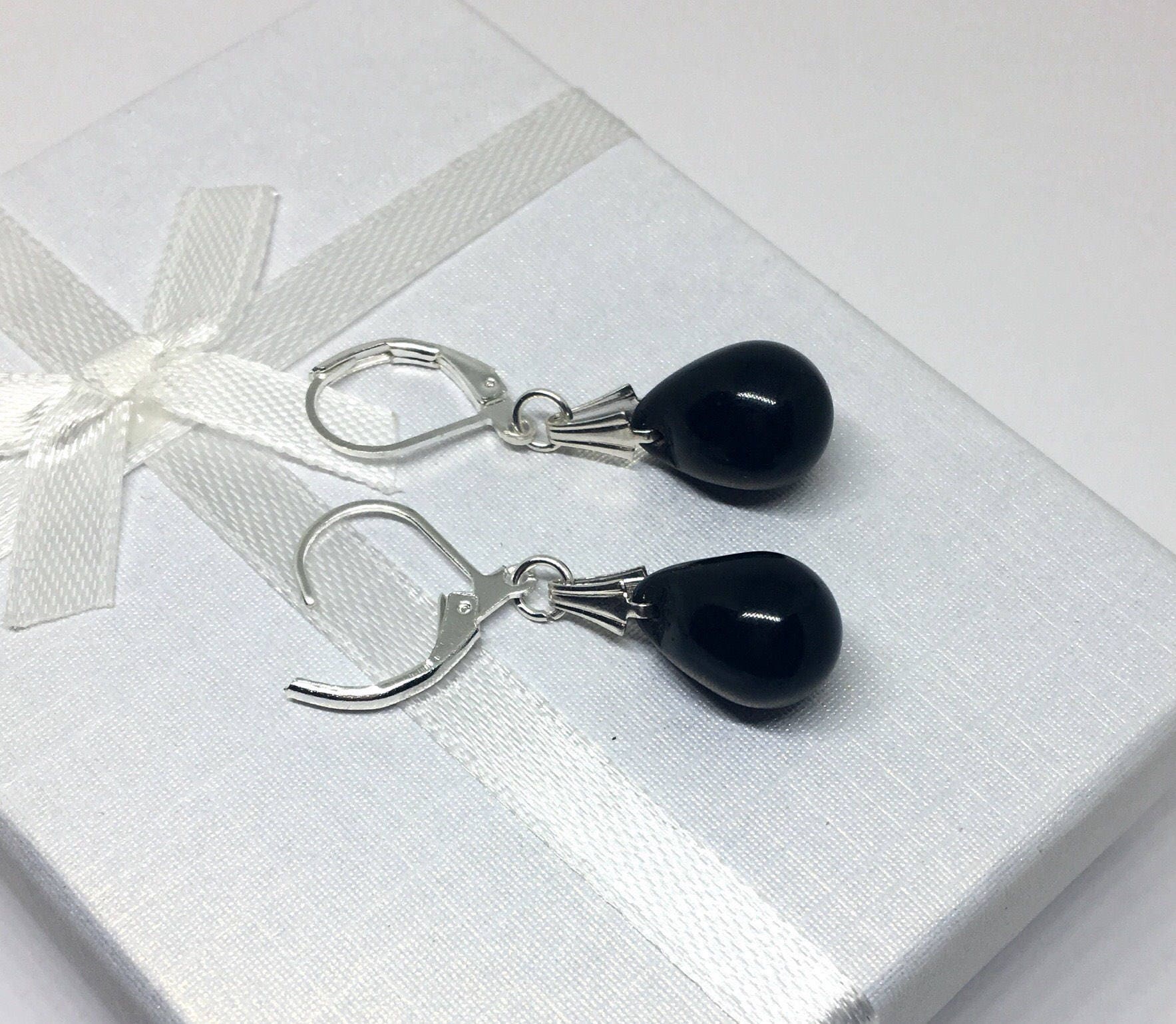 Black Teardrop Earrings Black & Silver Drop Earrings Black | Etsy