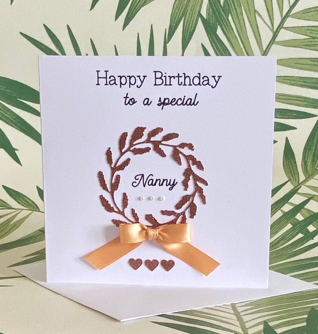 Special Nanny Birthday Card, Rose Gold Glitter Wreath, Satin Ribbon ...