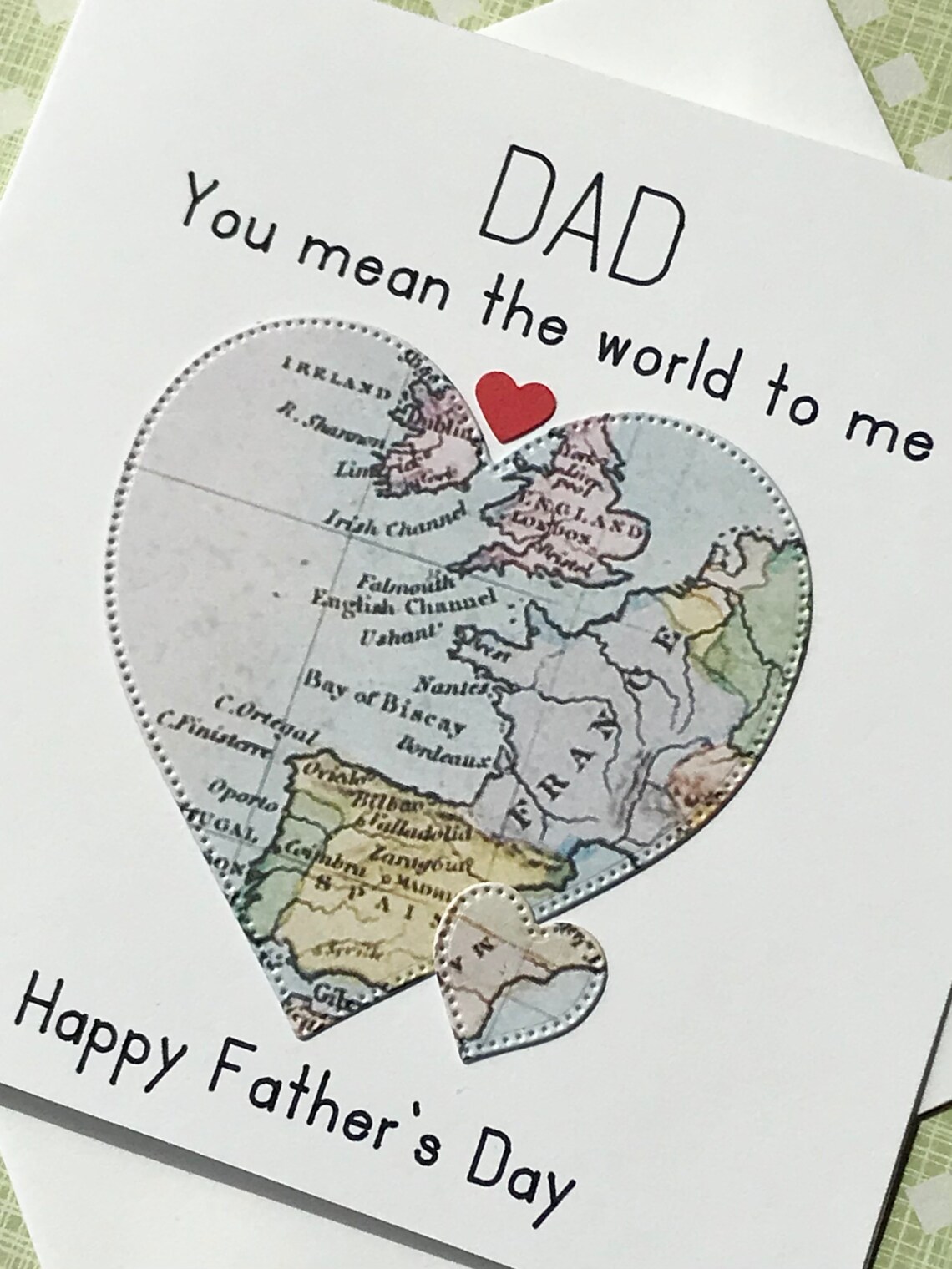Happy Fathers Day Vintage Map Heart Card, You Mean the World to Me Dad ...