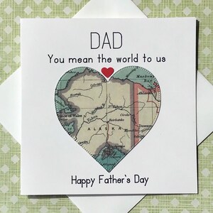 Happy Fathers Day Vintage Map Heart Card, You Mean the World to Me Dad ...