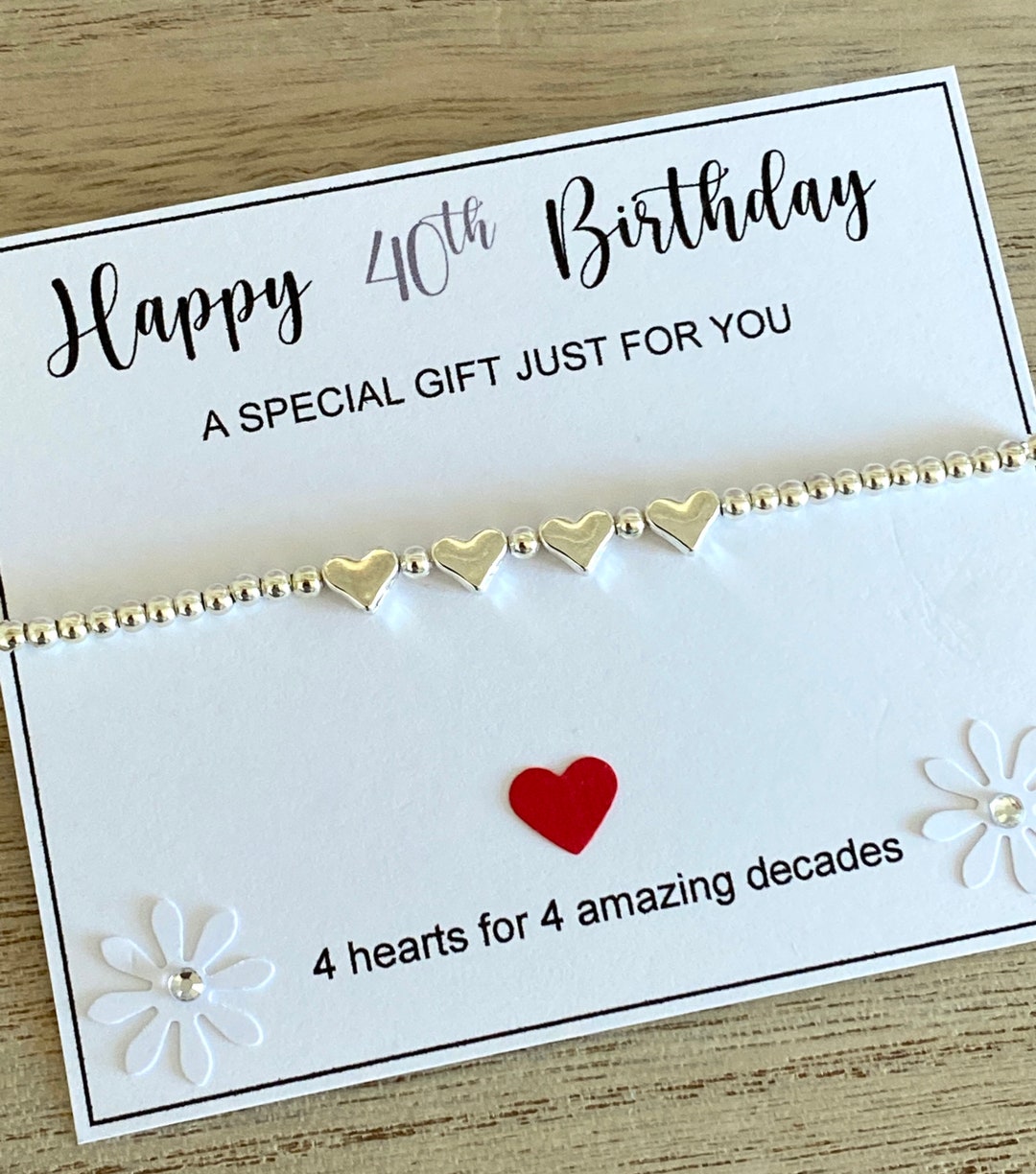 40th Birthday Heart Bracelet, Silver Beaded Stretch Bracelet, Forty ...