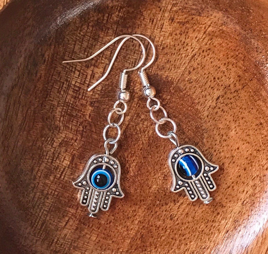 Hamsa Hand of Fatima Evil Eye Drop Dangle Silver Earrings, Good Luck ...