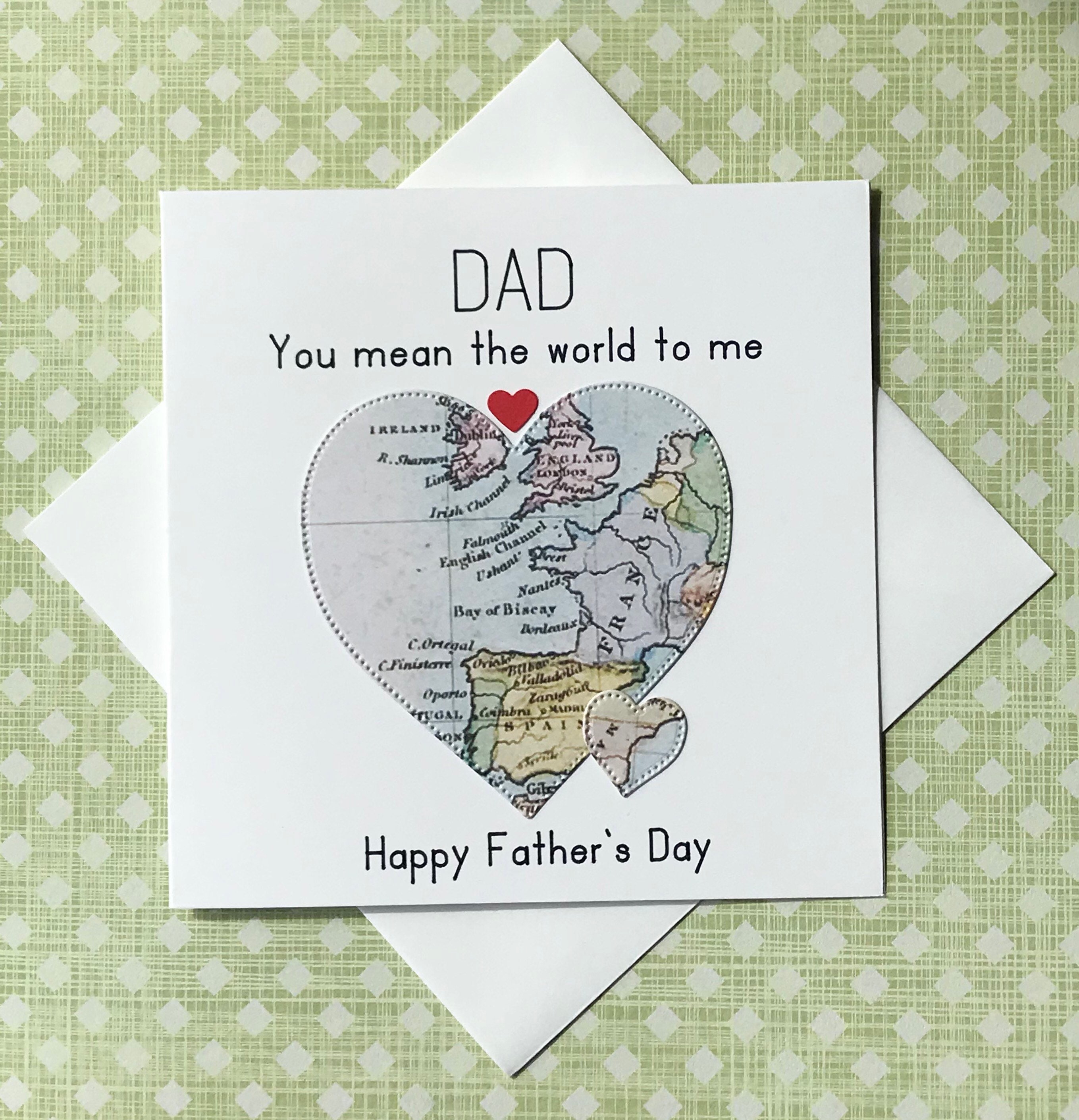 Happy Fathers Day Vintage Map Heart Card, You Mean the World to Me Dad ...