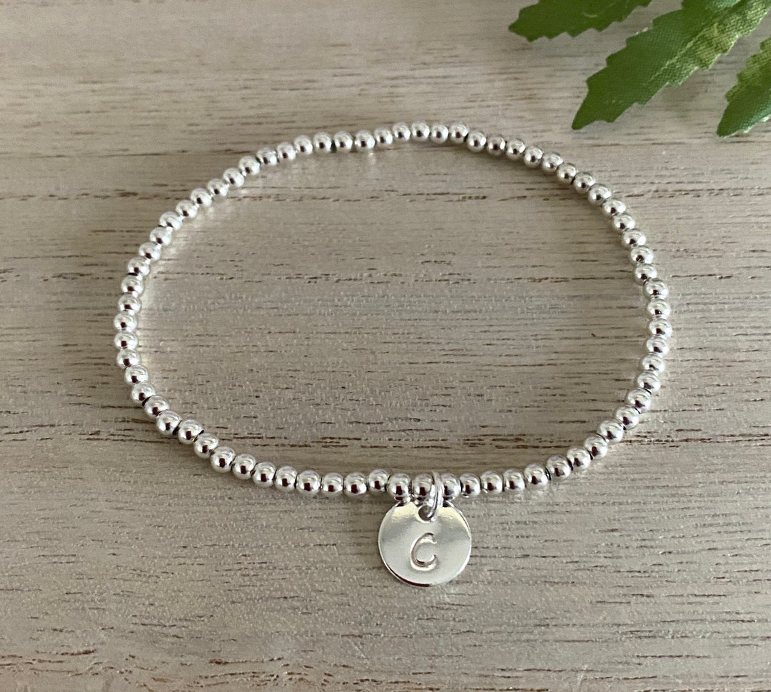 Personalised Initial Silver Bracelet, Silver Beaded Stretch Bracelet ...