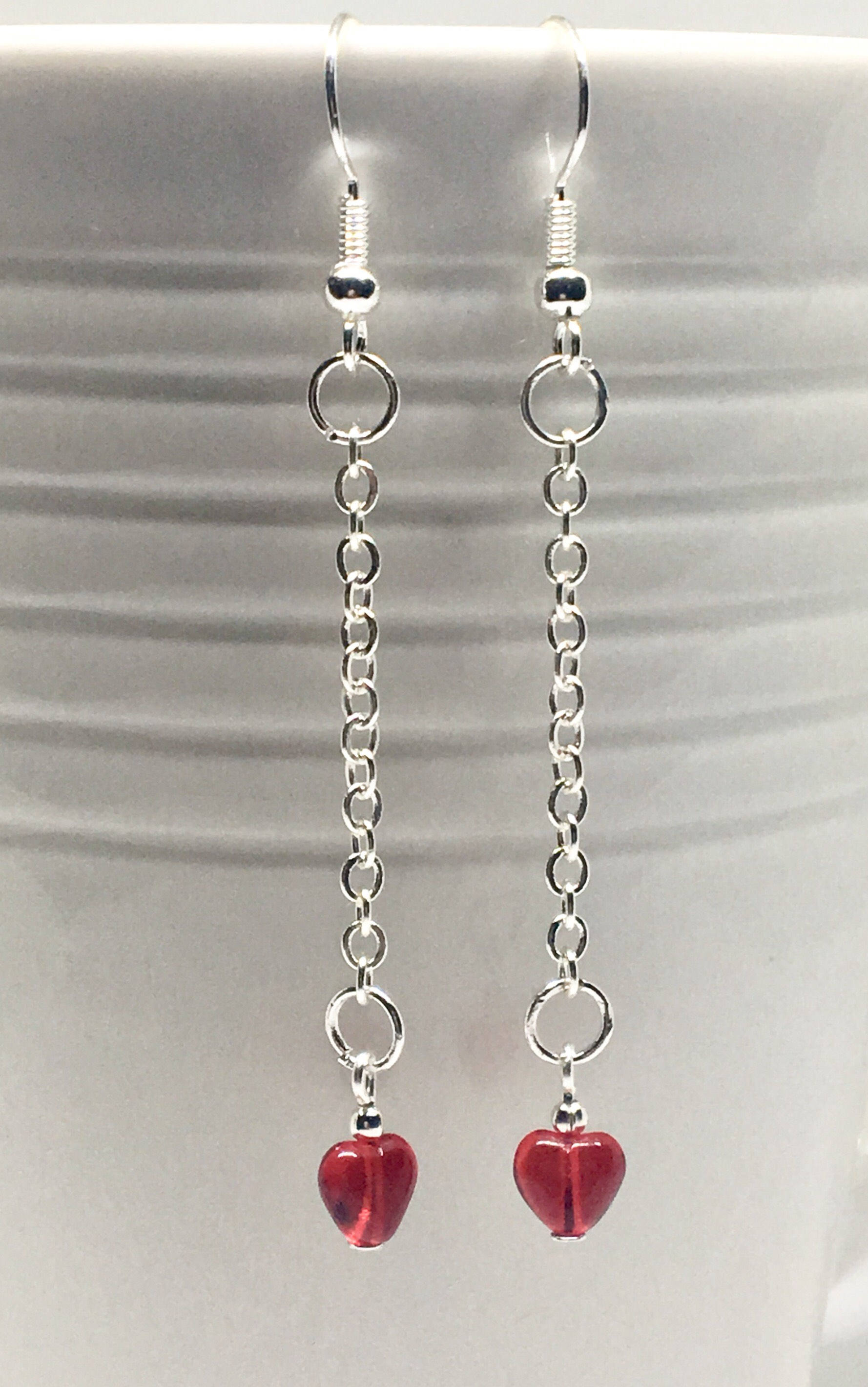 Long Red Heart Earrings, Red Glass Heart Earrings, Czech Glass ...