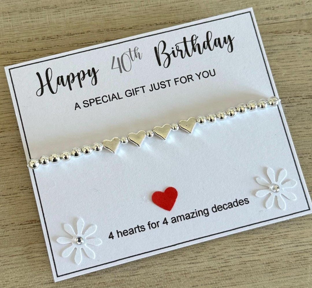 40th Birthday Heart Bracelet, Silver Beaded Stretch Bracelet, Forty ...