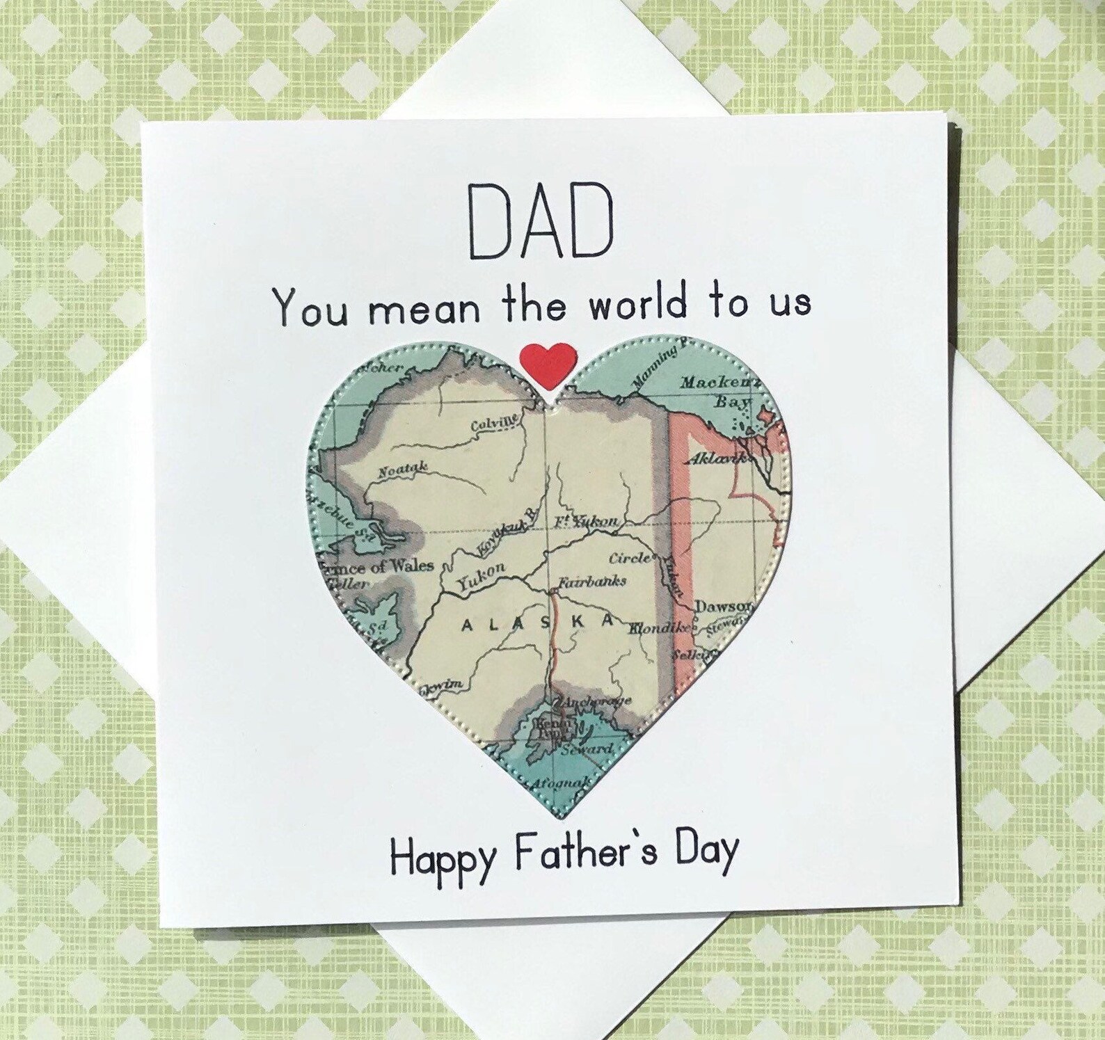 Happy Fathers Day Vintage Map Heart Card, You Mean the World to Me Dad ...