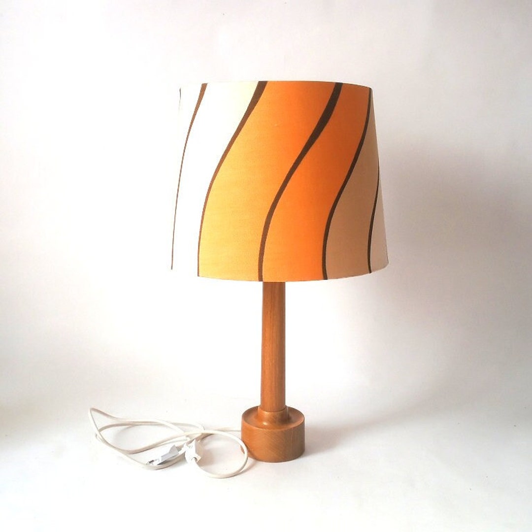 Vintage 80s 70s Table Lamp With Wooden Foot and Fabric Lampshade in ...