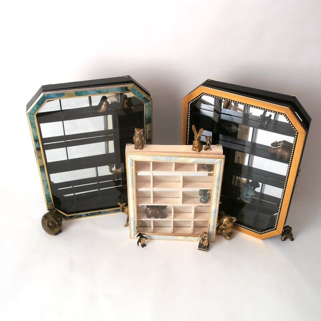 Vintage 80s Wooden Frame Glass Curio Cabinets With Mirrored Backsides ...